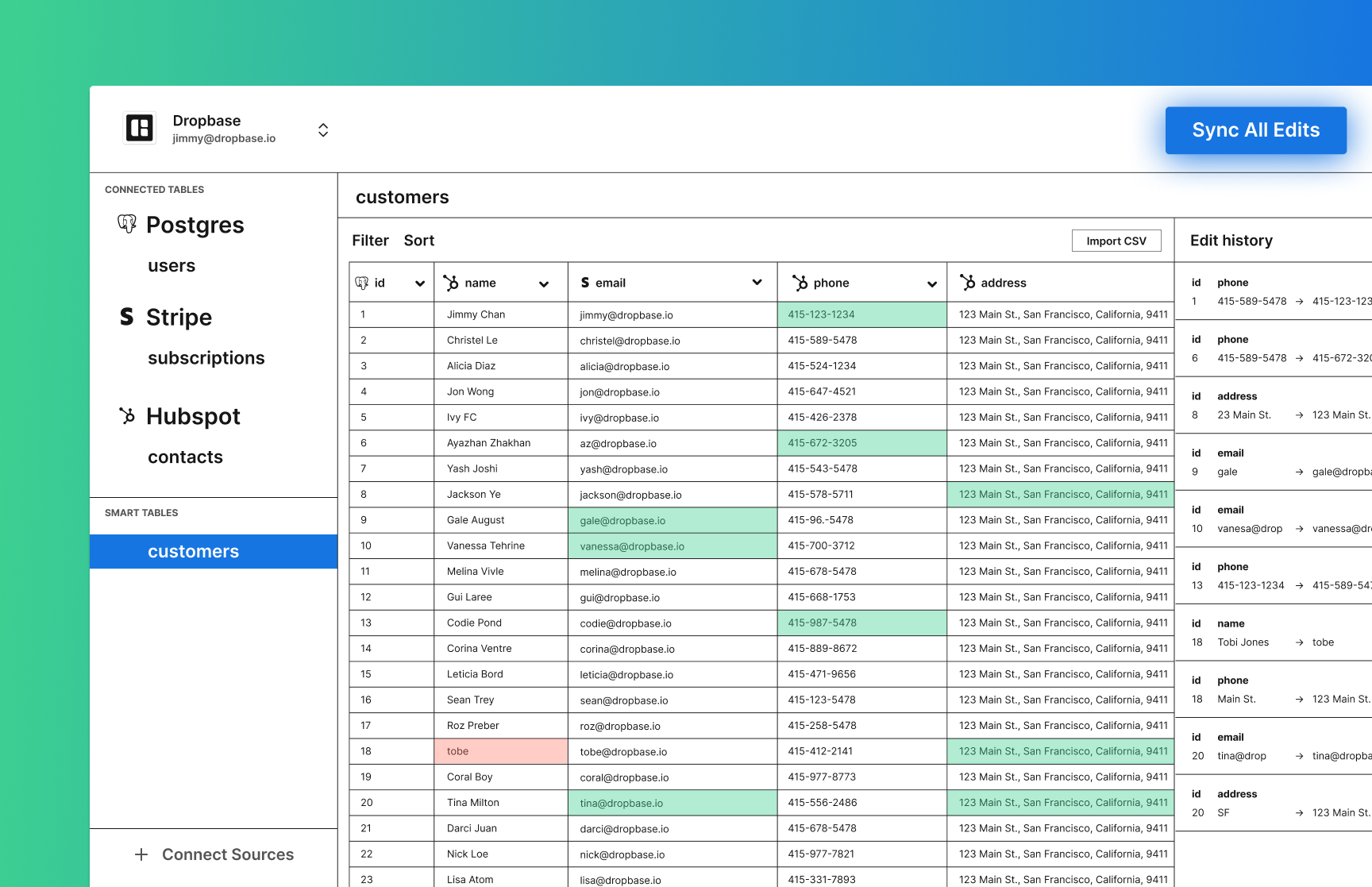 Edit Hubspot, Postgres, and Stripe data via spreadsheets | Dropbase